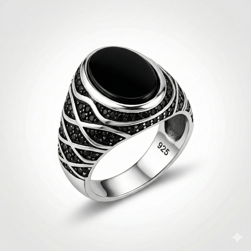 L925 Italian Silver Men's Ring with Black Onyx & Intricate Pave Wa ...